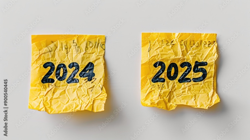 Yellow sticky notes labeled "2024" and "2025", black ink, crumpled ...
