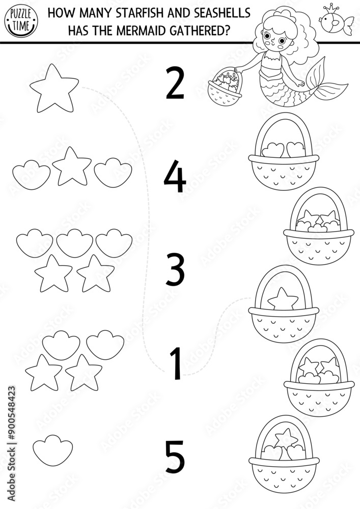 Match the numbers mermaid black and white game, coloring page with ...