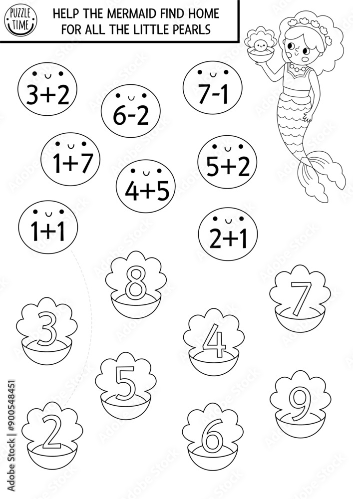 Count and match the numbers black and white mermaid game with sea ...