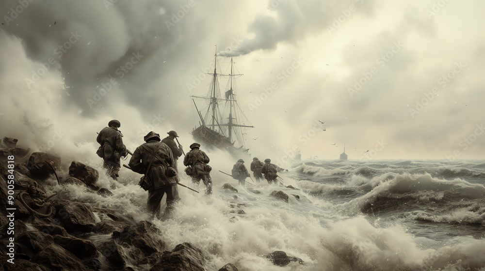 Dramatic WWII scene with soldiers storming a beach under heavy waves ...