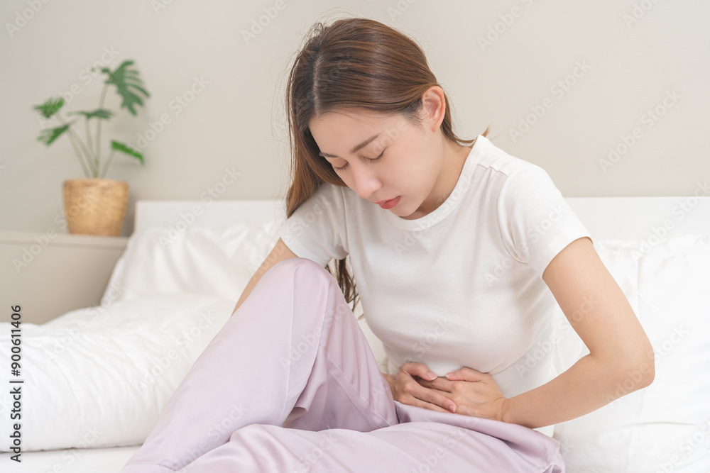 Flatulence ulcer, asian young woman, girl hands in belly, stomach pain ...