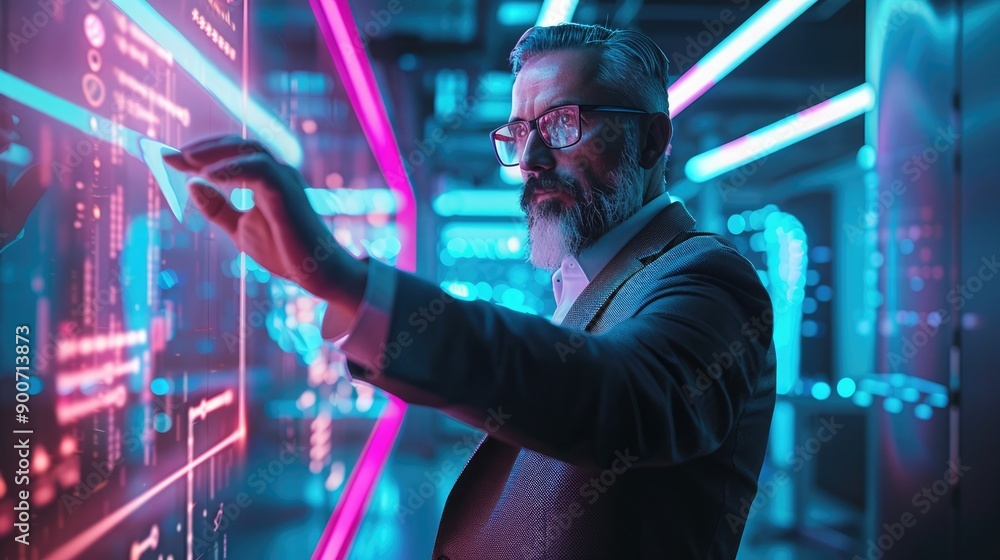 Middle-aged man using holographic display to onboard new employee, high ...