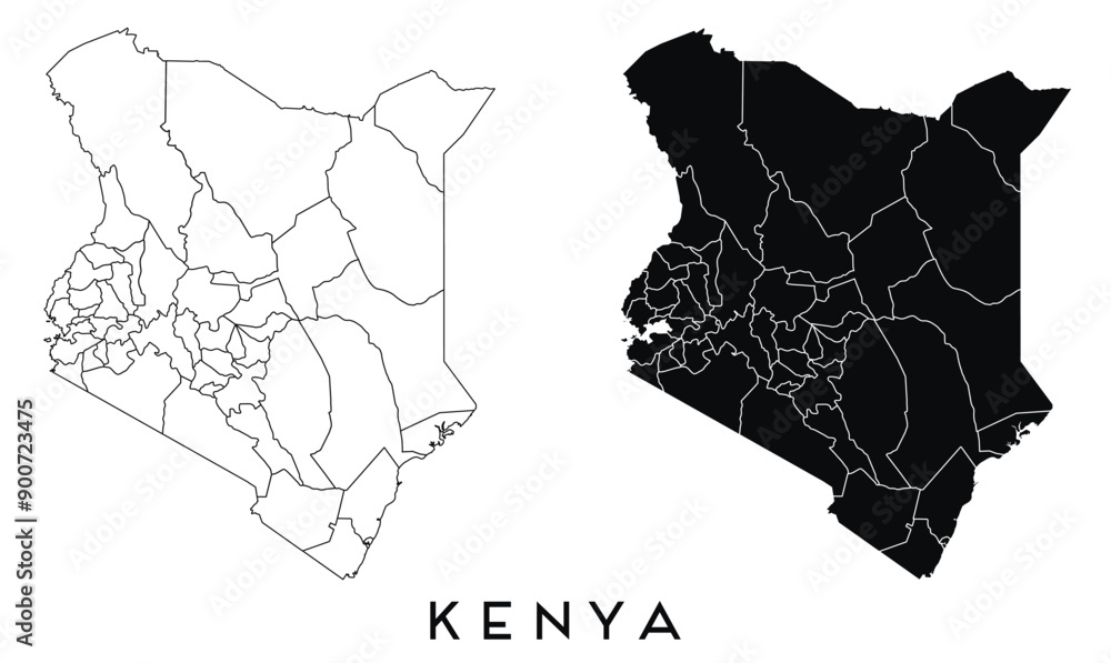 Kenya map of regions districts vector black on white and outline Stock Vector | Adobe Stock