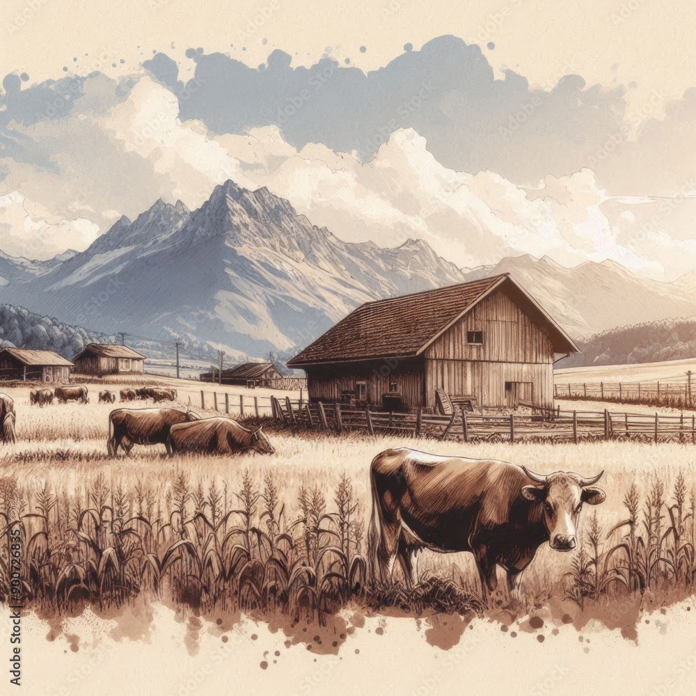 Hand drawing, line art, vintage line drawing, mill, farm, engraving ...