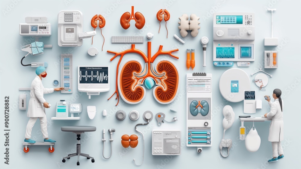 Illustration of kidney medical equipment and anatomical diagram with ...
