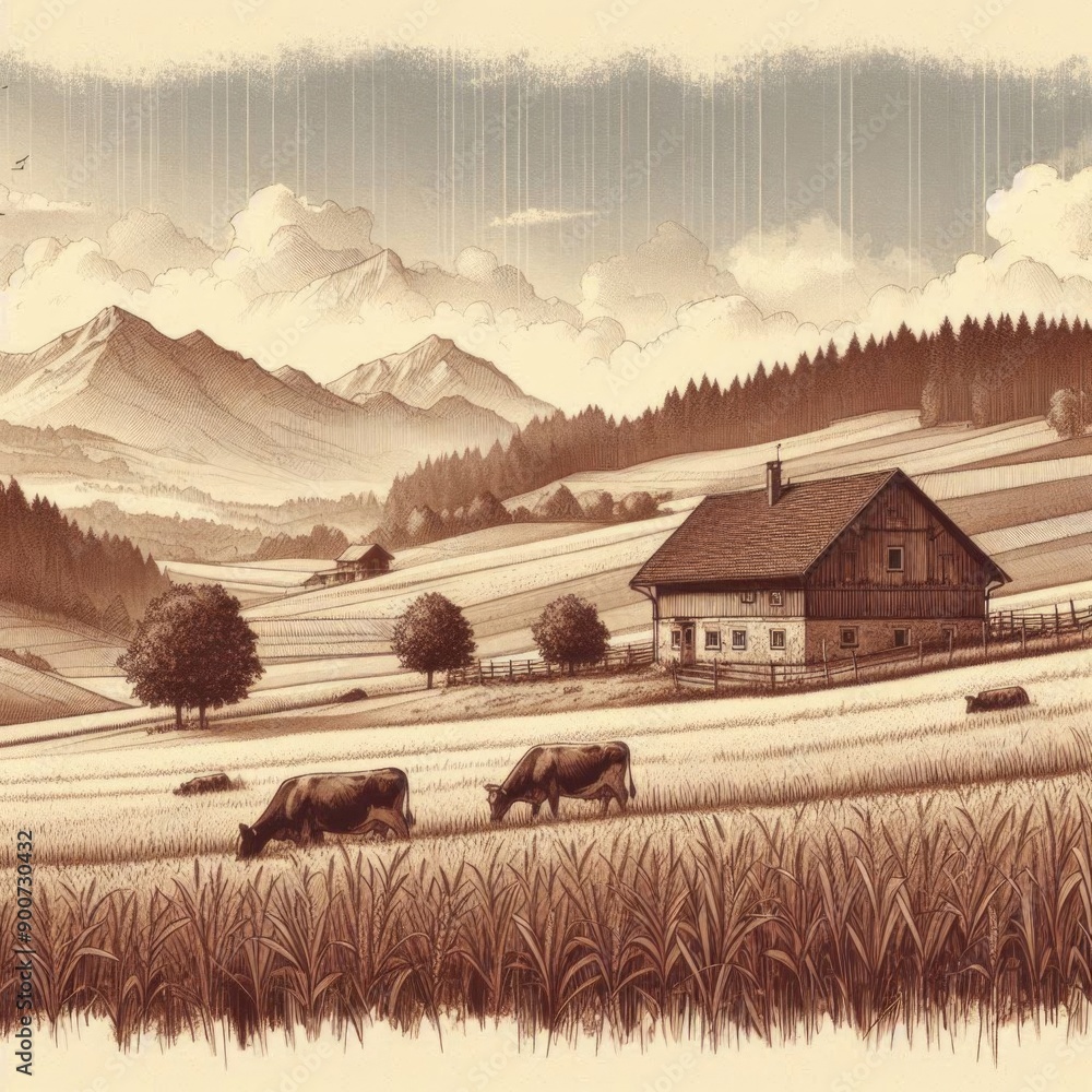 Hand drawing, line art, vintage line drawing, mill, farm, engraving ...