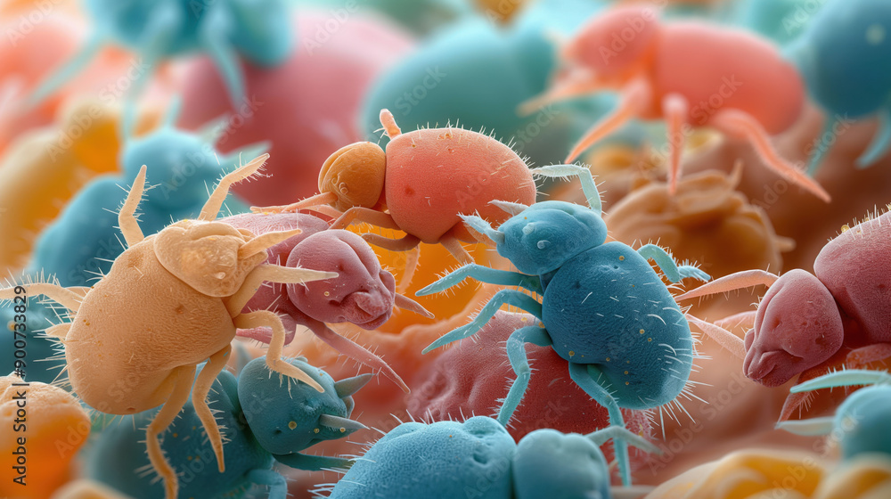 Colorful close-up view of dust mites magnified to show detailed ...