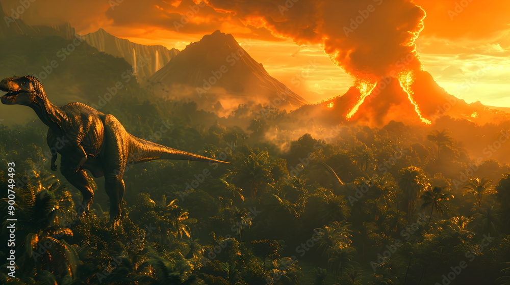 Prehistoric scene with dinosaurs roaming near fiery volcanoes, captured ...