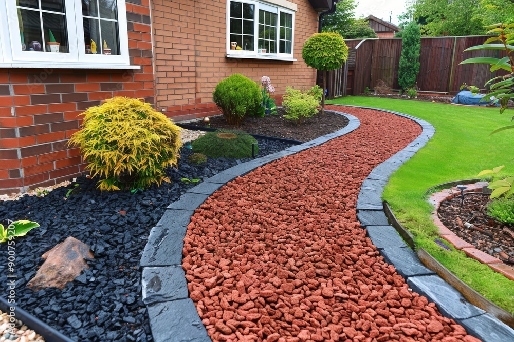 Beautiful garden pathway with red mulch and neatly trimmed hedges ...