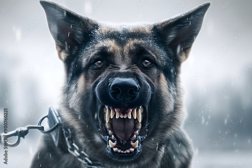 Aggressive dog get angry and bares his teeth. Dog shows dangerous teeth ...