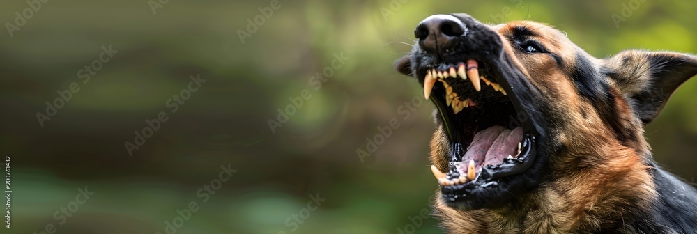 Aggressive dog get angry and bares his teeth. Dog shows dangerous teeth ...