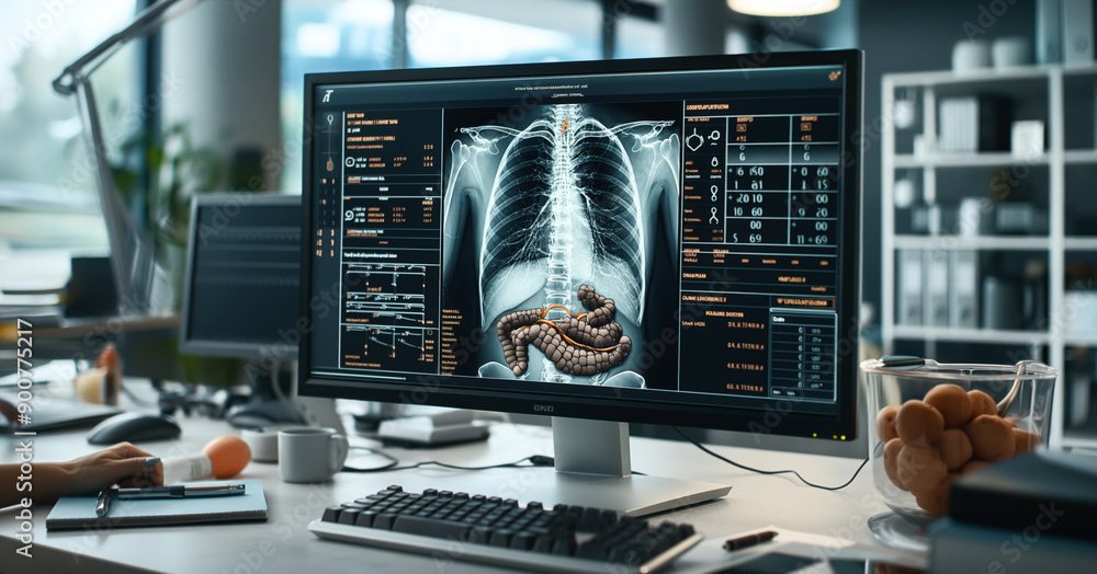 A medical office with a computer displaying a detailed X-ray image and ...