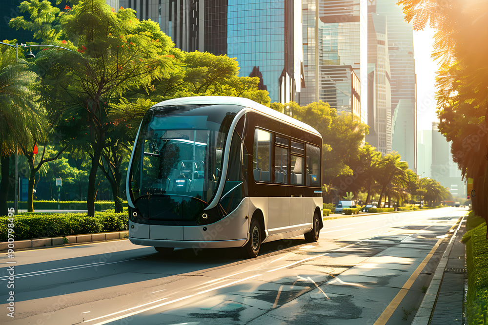 Electric bus driving in ecological city street. Advanced public ...