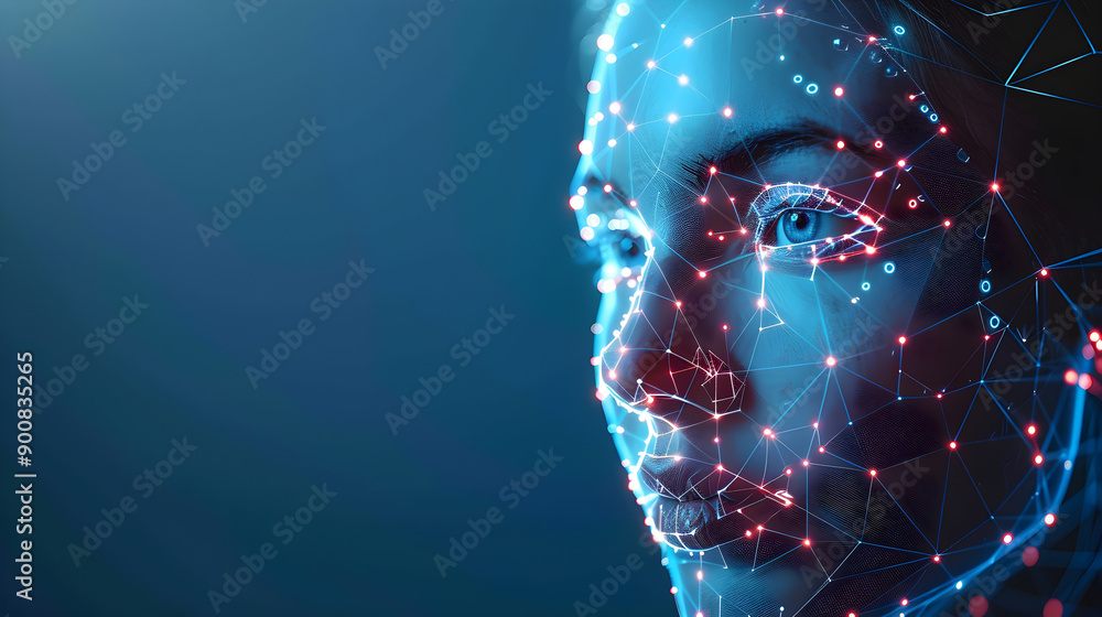 futuristic facial recognition technology, AI-driven, abstract data ...