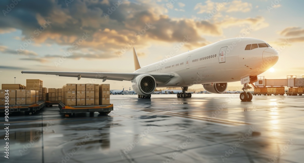 Airplane Cargo Loading at Sunset Stock Photo | Adobe Stock
