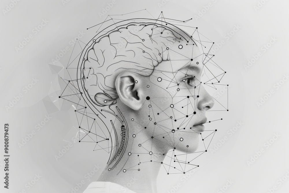 Technical line drawing of a brain with neural connections representing ...