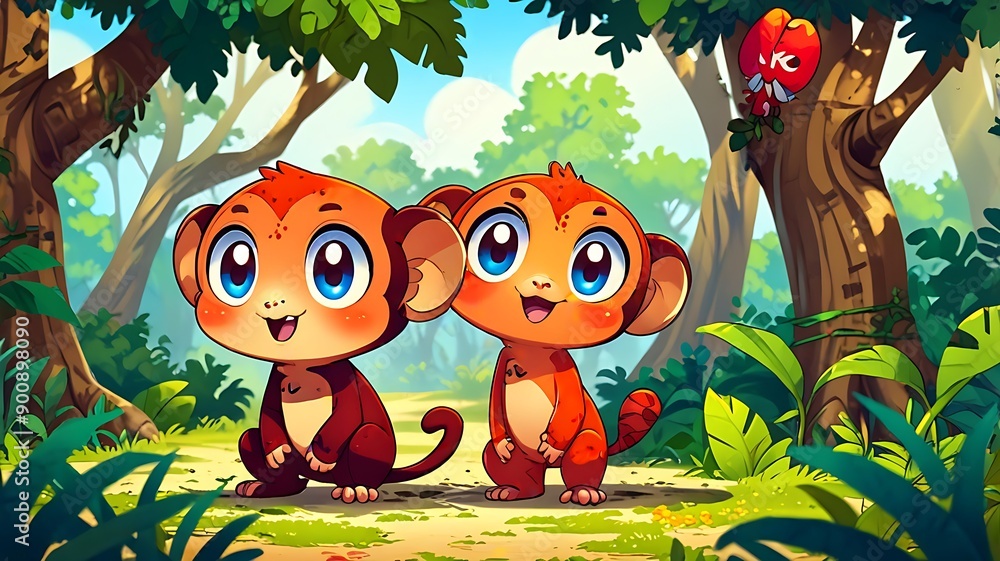 Cute orange monkey cartoon with big eyes in jungle. Suitable for ...