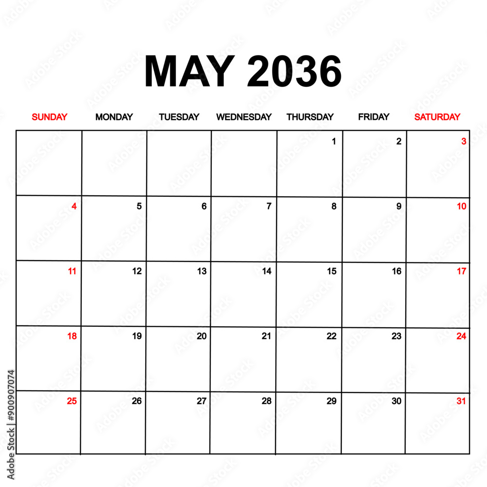may 2036. Calendar with holydays or red dates. monthly calendar design ...