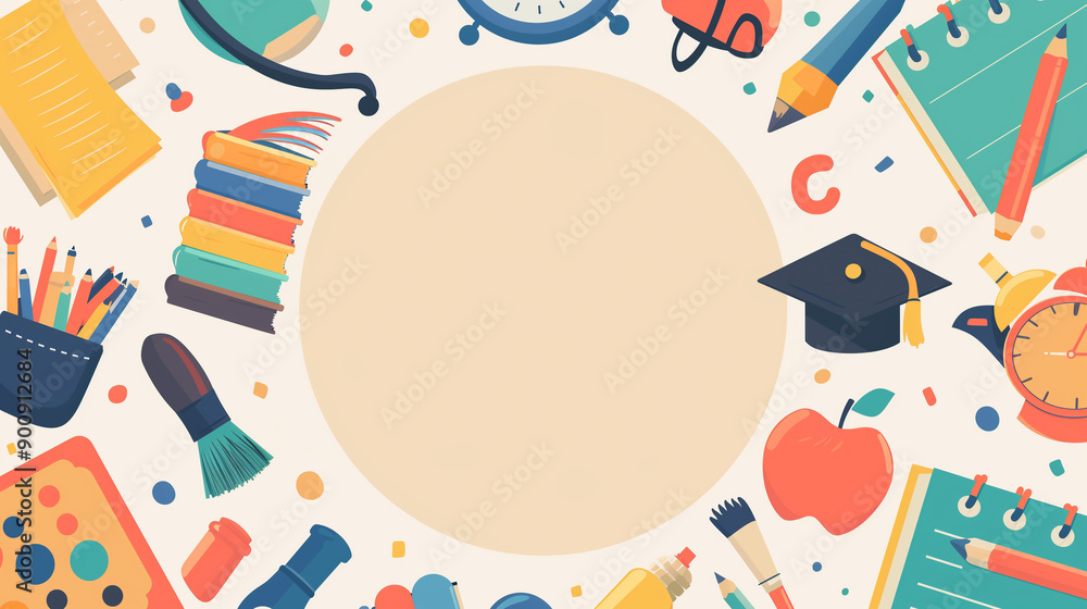 Education-themed border with school supplies and graduation caps Stock ...