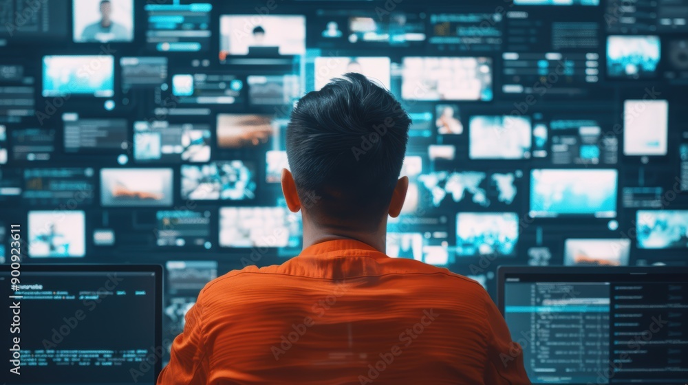 Artistic scene of a person surrounded by various screens with social ...