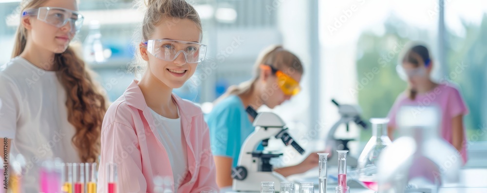 Science lab with students conducting experiments, microscopes, test ...