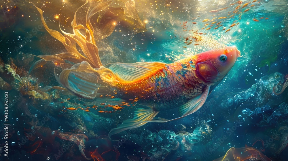 Magical fish with jewel-toned scales in a radiant, heavenly sea Stock ...