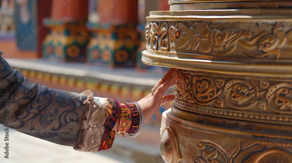 Person pilgrim female hand touching turning spinning Buddhist prayer ...