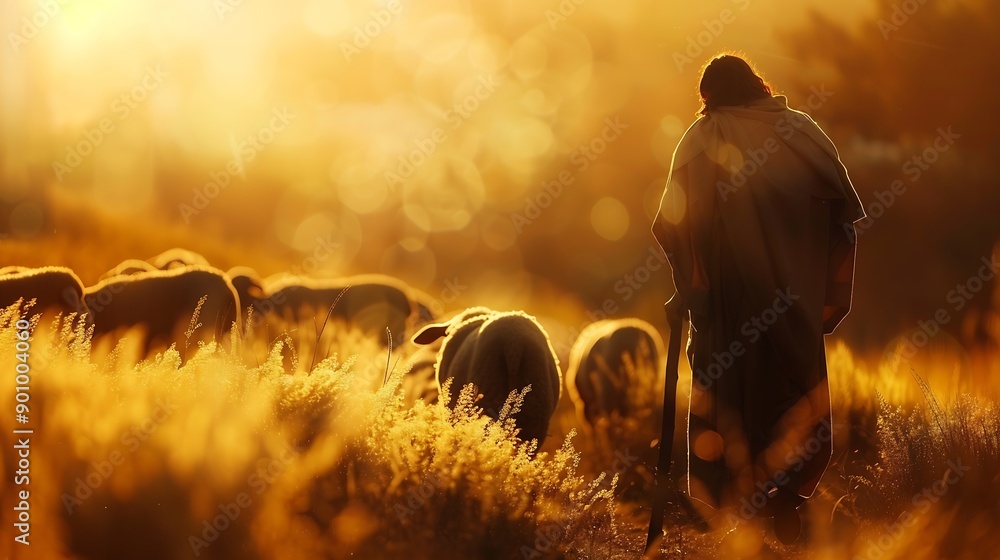 Shepherd Jesus Christ leading the sheep and praying to God and in the ...