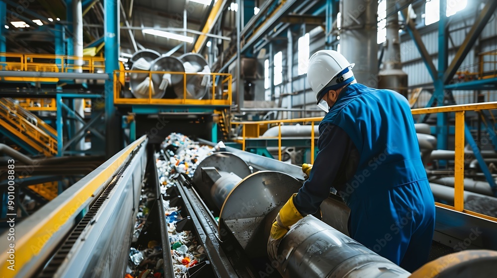 A technician wearing blue overalls and a white helmet operates ...