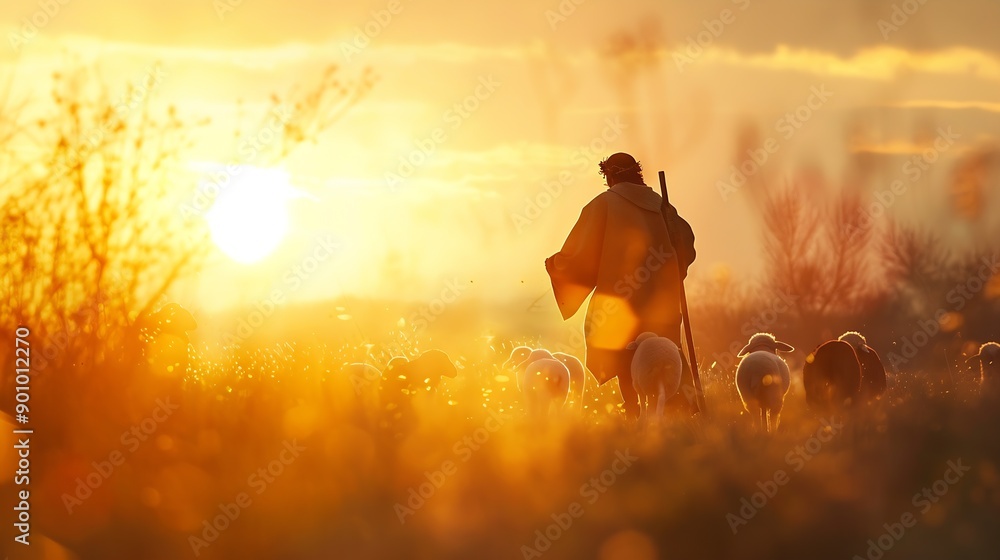 Shepherd Jesus Christ leading the sheep and praying to God and in the ...