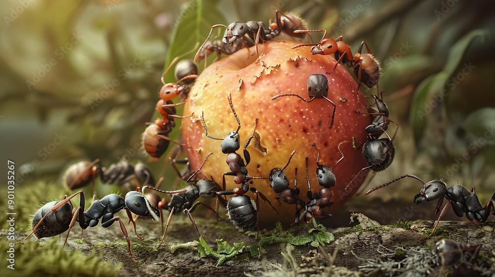 Nature focused digital artwork showing a group of ants shoulder to ...