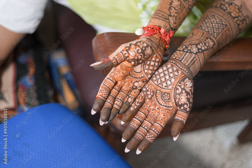 Mumbai, India 23rd July 2024: Close-up shots of an Indian bride getting ...