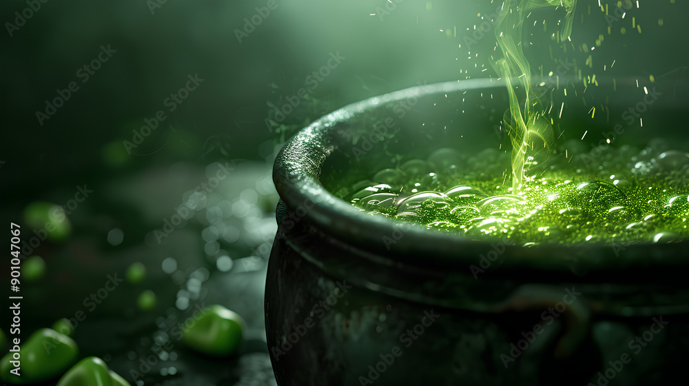 A toxic potion bubbling in a cauldron with green mist rising, set in a ...