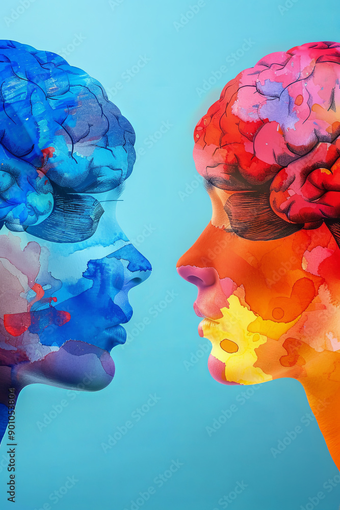 Rational and irrational thinking concept between two people. Two heads ...