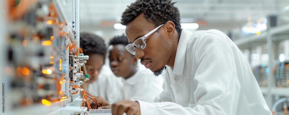 IT technician setting up a new computer system while pupils observe ...