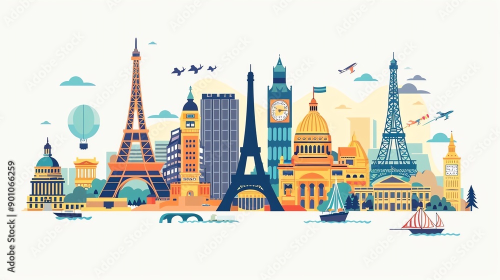 Cartoon illustration of iconic landmarks from around the world. Stock ...