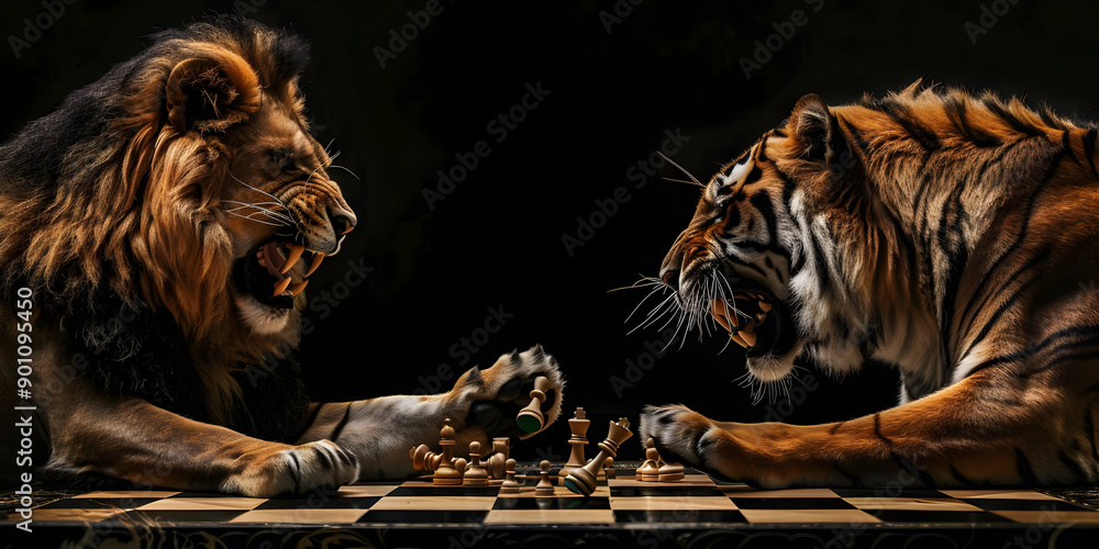 Dramatic image of a lion and tiger intensely playing chess, symbolizing ...