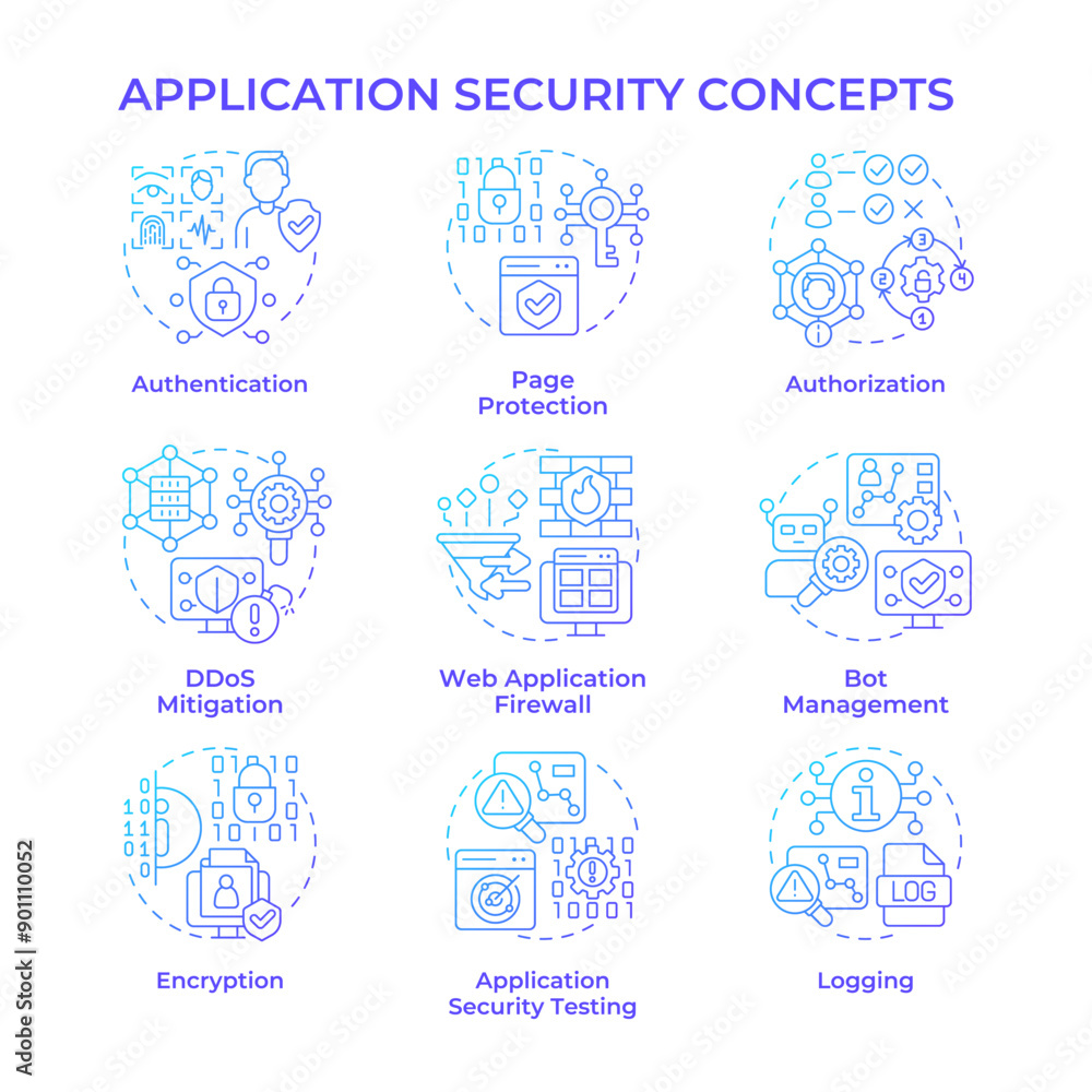 Application security blue gradient concept icons. Software testing ...
