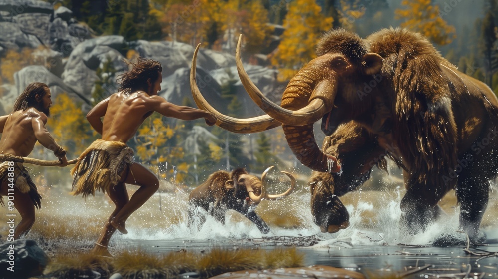 Tribe of primitive humans wearing furs for clothing and brandishing ...