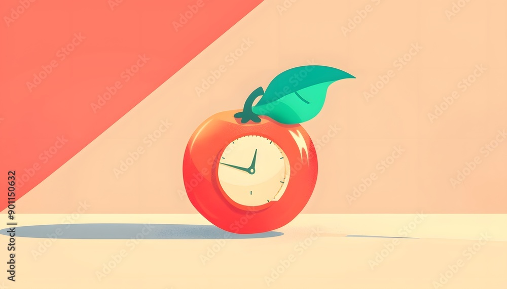 Artistic illustration of a clock shaped like an apple with minimalist ...