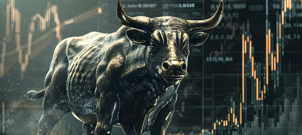 Stock market bull signifies a strong and rising market trend with ...