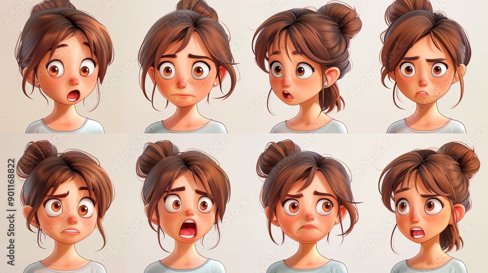 Animated Female Cartoon Character Expressions Suitable For UI Mascots ...