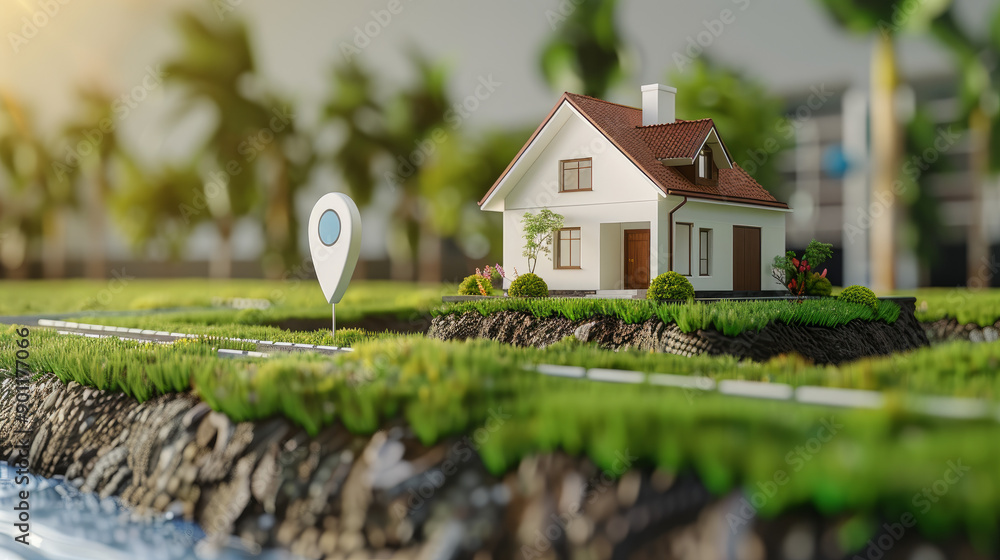 House for sale with location pin on a cross-section of land with grass ...