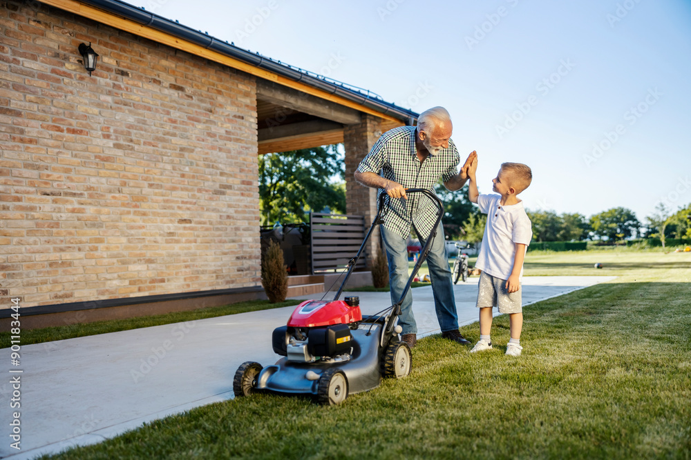 Happy granddad and grandson standing in backyard and giving high five ...