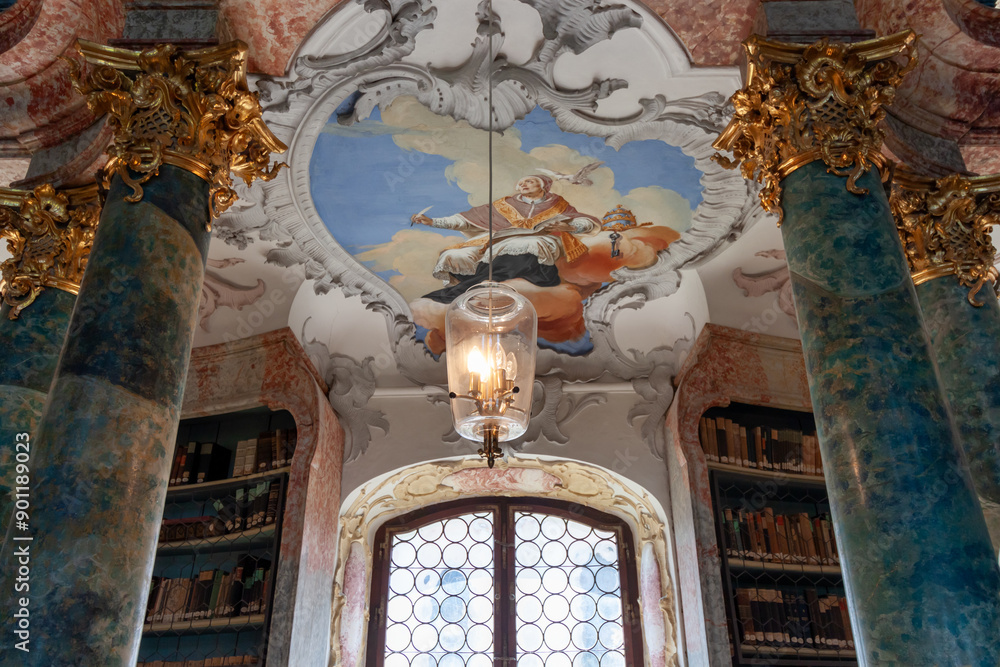 Rococo and baroque decors of the library in Wiblingen abbey, near Ulm ...