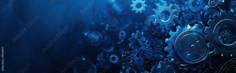 Abstract blue digital technology background with gears and cogs, dark ...