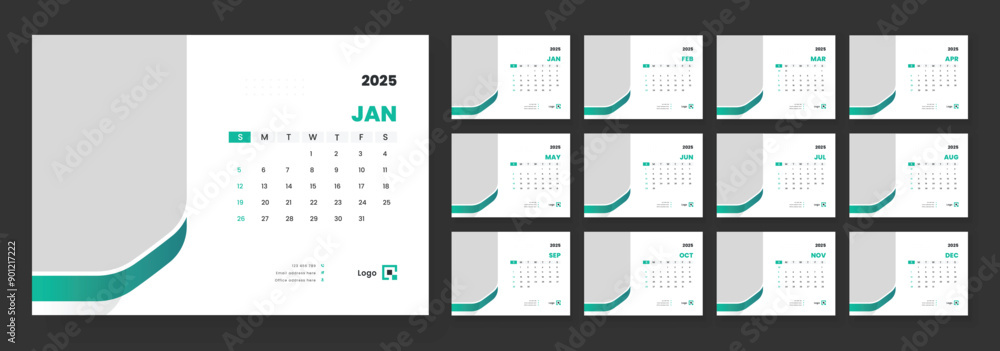 Desk Calendar 2025, Office Calendar 2025, Template for annual calendar 2025, Week Starts on ...