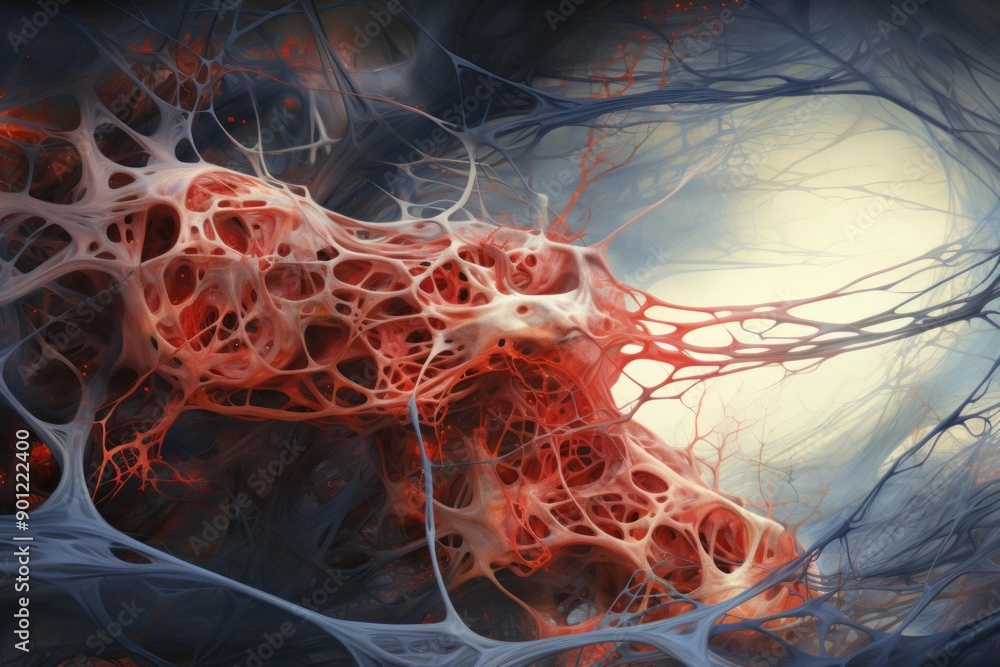 Intricate 3d render of abstract organic network background with red and ...