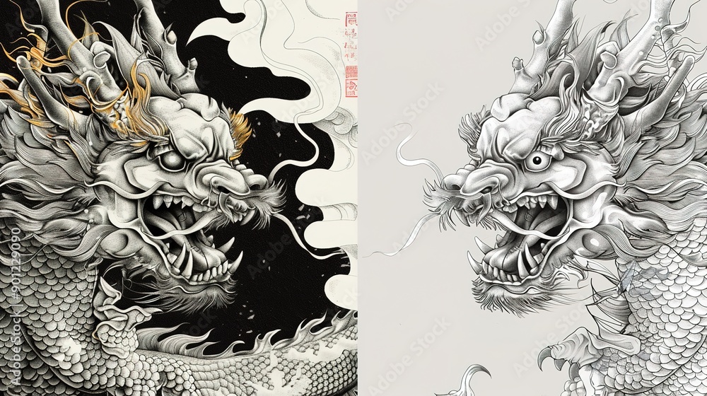 Front Face Full Body Japanese Dragon Roaring Illustration, Realistic ...