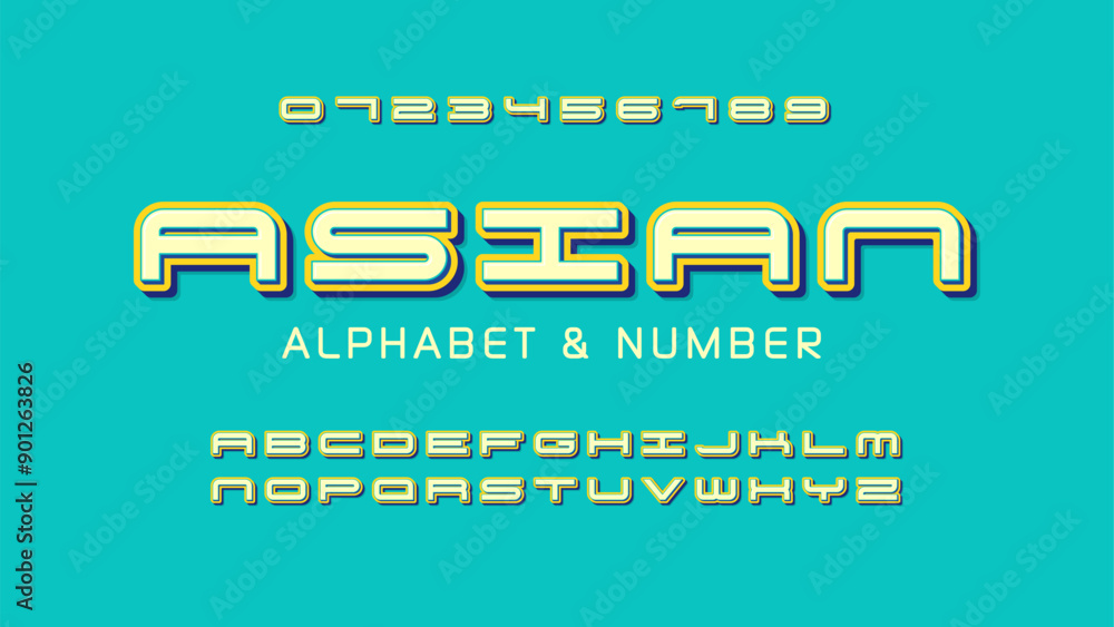 Asian font and alphabet from English letters and numbers. Modern Asian ...
